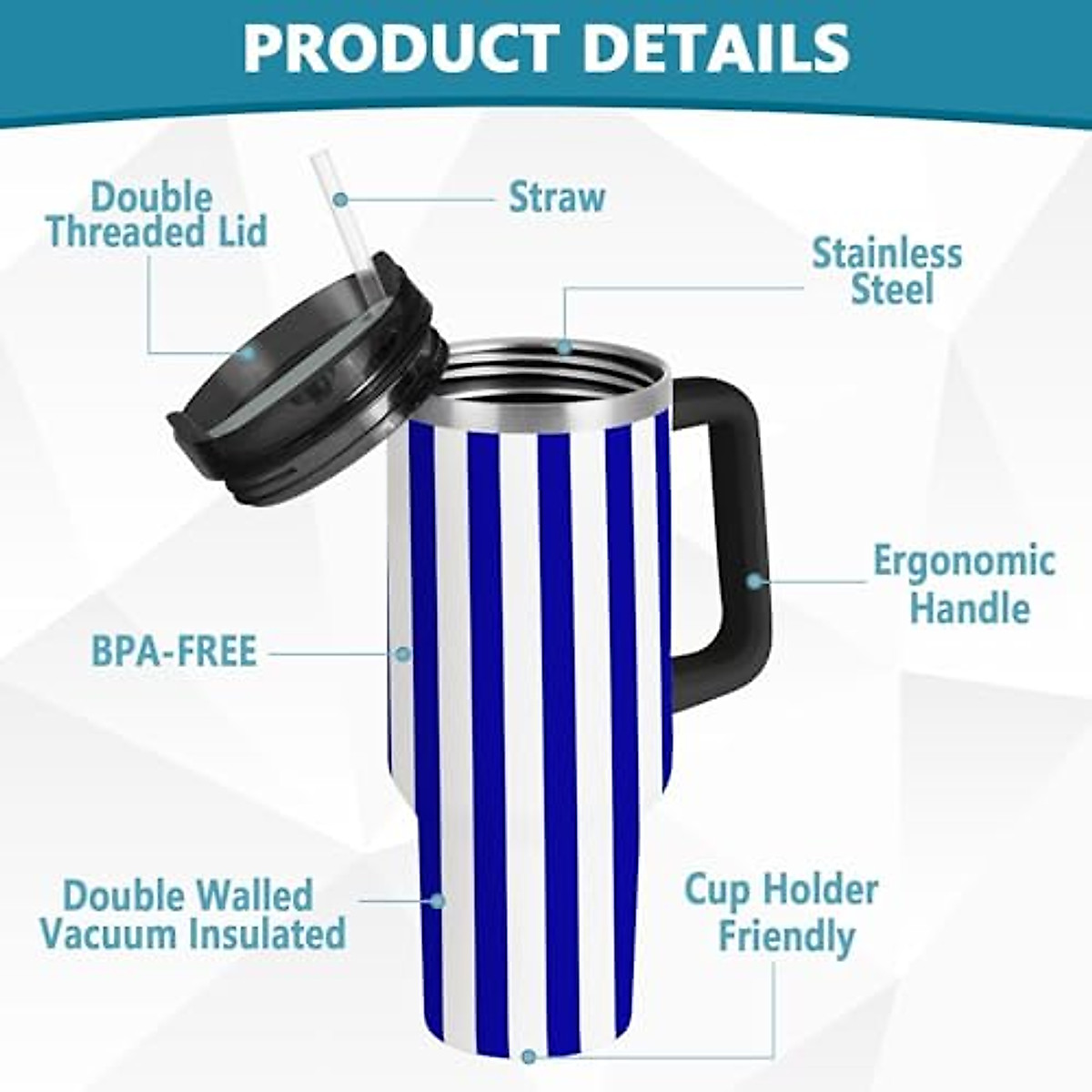 Flradish 40oz Tumbler with Handle, Navy Blue White Stripes Stainless Steel Tumbler with Lid and Straws Double Wall Vacuum Insulated Leakproof Coffee Travel Mug