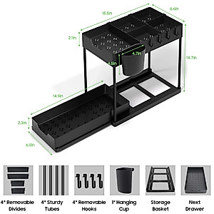 Under Sink Organizers and Storage, Nreirly Double Sliding Cabinet Basket Organizer Drawer, 2-Tier Slide Out Storage Shelf for Bathroom Kitchen Organizer with Hooks, Hanging Cup, Dividers, 2 Pack
