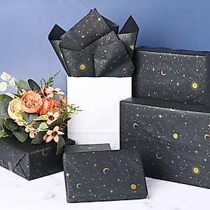 100 Sheets 20 * 14 Inches Galaxy Tissue Paper for Gift Wrapping, Black Gold Moon Star Printed Tissue Paper for Gift Bags for Birthday Christmas Baby Shower DIY Craft