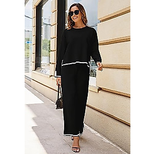 EsheSy Women's 2 Piece Outfits Sweater Sets Long Sleeve Knit Pullover Tops Wide Leg Pants Tracksuit Lounge Sets(Black-M)