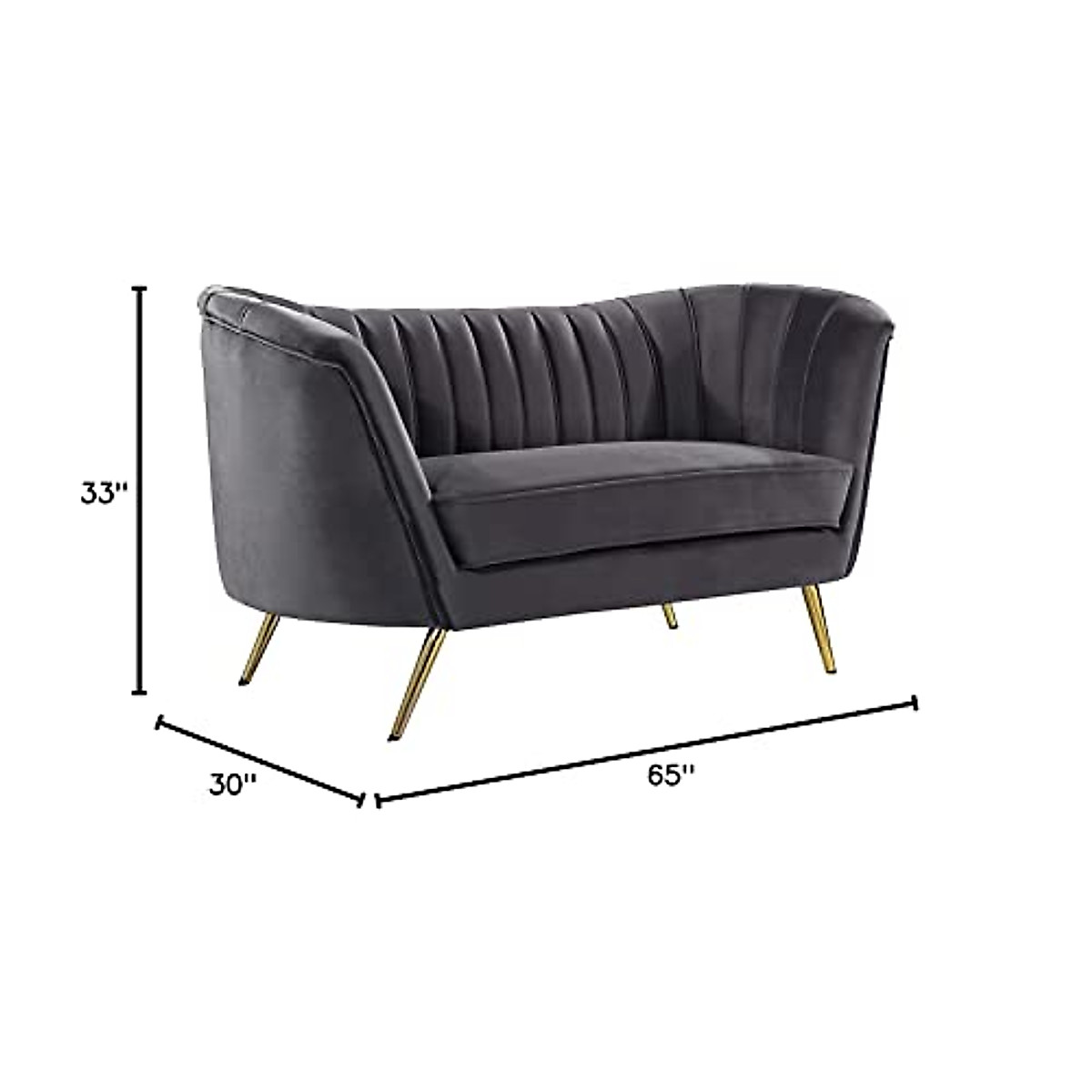 Meridian Furniture Margo Collection Modern | Contemporary Velvet Upholstered Loveseat with Deep Channel Tufting and Rich Gold Stainless Steel Legs, Grey, 65" W x 30" D x 33" H