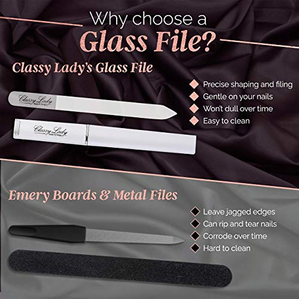 ClassyLady Glass Nail File - Crystal Nail File, Filing Board for Professional Fingernail Care and Smooth Precise Filing, Easy to Clean - Yellow/Pink with case