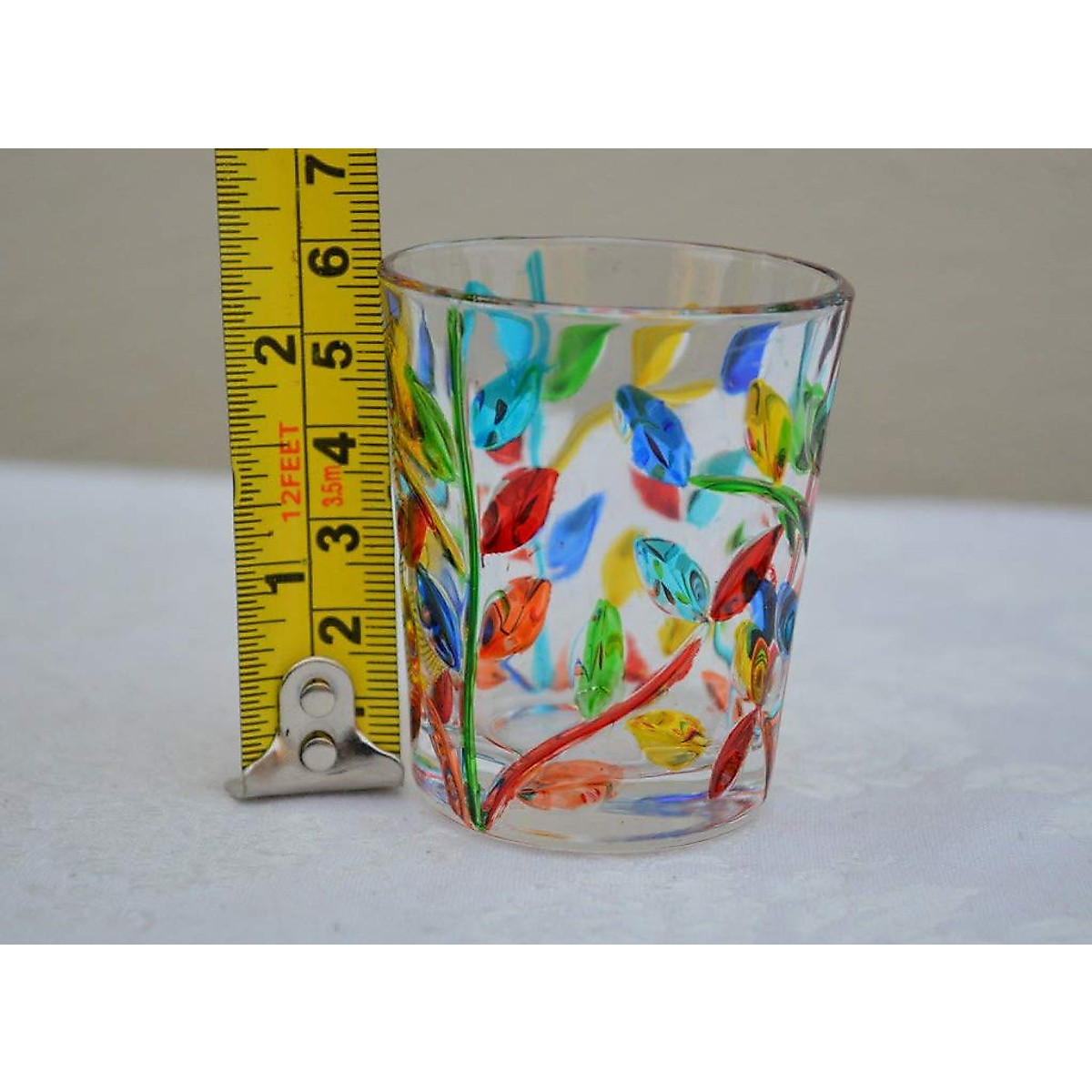 Murano Glass Italian Crystal Shot Glasses, Hand Painted Flowervine Pattern, Set of 6 - Made In Italy