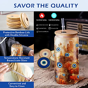 vradcorel Evil Eye Glass Cups With Bamboo Lids And Straws - Iced Coffee Cup Home Decor -Ojo Turco Drinking Glasses for Beer -Cute Can Shaped for Latte,Soda,Smoothie Whiskey -Gift for Women