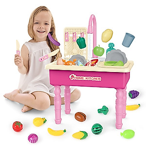 deAO Kitchen Toy Sink Toys with Cutting Food,Electric Dishwasher Playing Toy with Running Water, Role Playing Game Pretend Food,44 PCS Kitchen Accessories Set for 3 4 5 Years Old Girls Boys