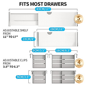 ACDRIME Drawer Dividers Organizer 5 Pack, Expandable Drawer Divider with 8 Inserts, Kitchen Drawer Organizer, for Bedroom, Kitchen & Office Organizer and Storage - Expandable from 11-17", 4" High