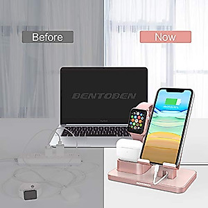 BENTOBEN 3-in-1 Charging Stand, Universal Charging Dock Station Compatible for Airpods Pro 2/1 Apple Watch Series 6/5/4/3/2 iPhone 13 12 11 SE2 XSMax XR 8 7 6S Plus Android Smartphone iPad, Rose Gold