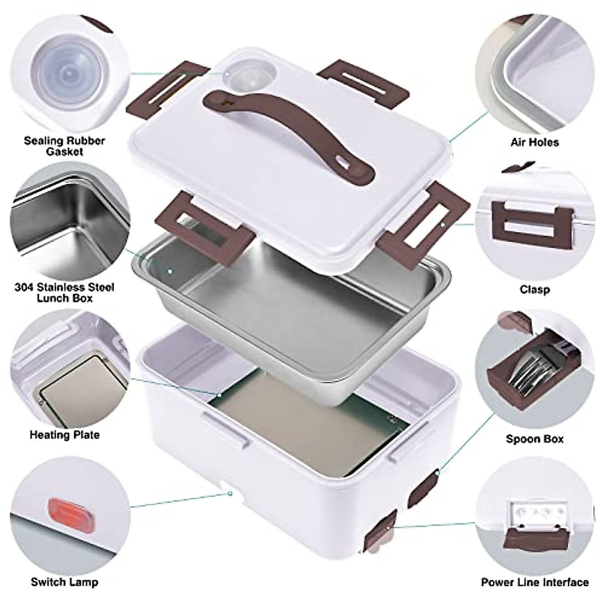 Suewow Electric Lunch Box 80W Food Heater 1.8L Portable Leak proof Self Heating Lunch Box 12V 24V 110V Faster Heated Lunch Boxes for Car/Truck/Home Self Heating Box 304 Stainless Steel Container