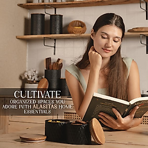 Alasitas 6 Canister Set for the Kitchen Countertop – Galvanized Metal Food Storage Canisters with Airtight Lids for Flour, Tea, Crafts, Coffee, & Sugar – Container Set with Modern Wood Lids, Black