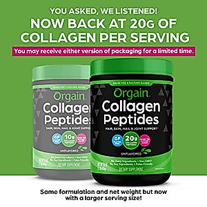 Orgain Hydrolyzed Collagen Peptides Powder, 20g Grass Fed Collagen - Hair, Skin, Nail, & Joint Support Supplement, Paleo & Keto, Non-GMO, Type I and III, 1lb (Packaging May Vary)