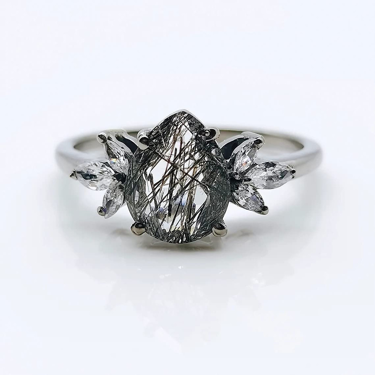 Rings For Women Natural Black Rutilated Ring Quartz Salt And Pepper Diamond Ring-Pear Shaped Ring, Gift Beautiful Wedding BY FOREVER GEMS & JEWELS, Rose Gold,White,Silver