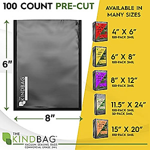 The Kind Bag Vacuum Seal Bags for Food; Food Grade, BPA Free & Freezer Safe; Airtight, Odor Free and Moisture Free; Commercial Grade 3mil Clear & Black; 6x8 inch Pre Cut Bags (100ct)