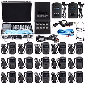 EXMAX EXD-101 2.4G Wireless Voice Transmission System Church Translation Equipment Translator Device for Tourism Museums - 2 Transmitters 15 Receivers & 16-Port Charge Station & Black Storage Case