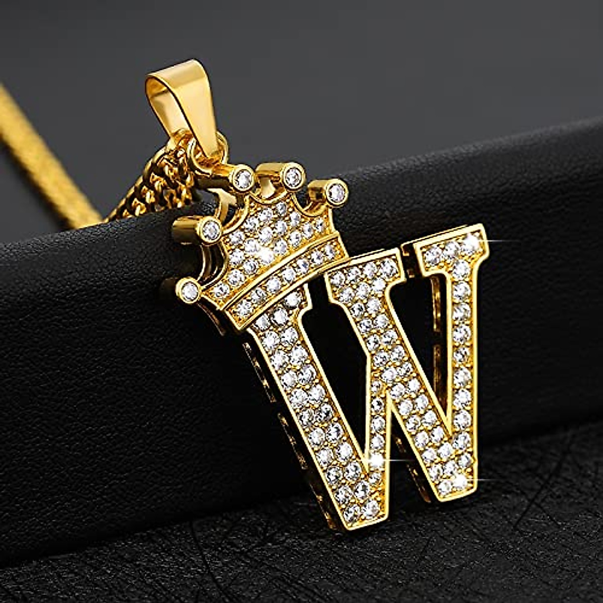 Cubic Zircon Crown Alphabet Necklace For Women Stainless Steel Gold Color A-Z Initial Letter Pendants Necklaces Wedding Jewerly IG3E9 (W-45cm)
