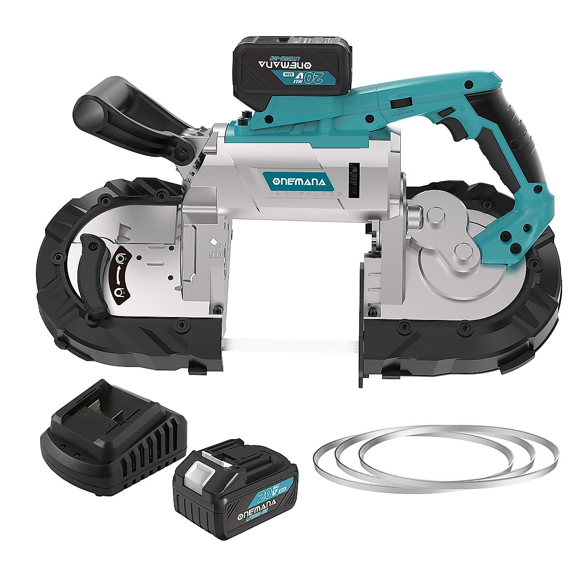 ONEMANA 5 inch Cordless BandSaw，20V Cutting Capacity Brushless Metal Band Saw,Not Hot Sparks, Portable BandSaw for Deep Cut with 6 Speeds Adjustable（ Battery Included）