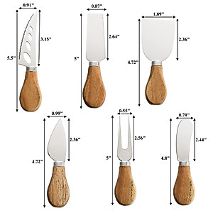 Okllen 6 Piece Cheese Knives Set with Acacia Wood Handles, Stainless Steel Cheese Knife Collection Cutlery Gift Set Cheese Slicer, Cutter, Fork, Spreading Knife for Charcuterie Boards, Pizza, Cake