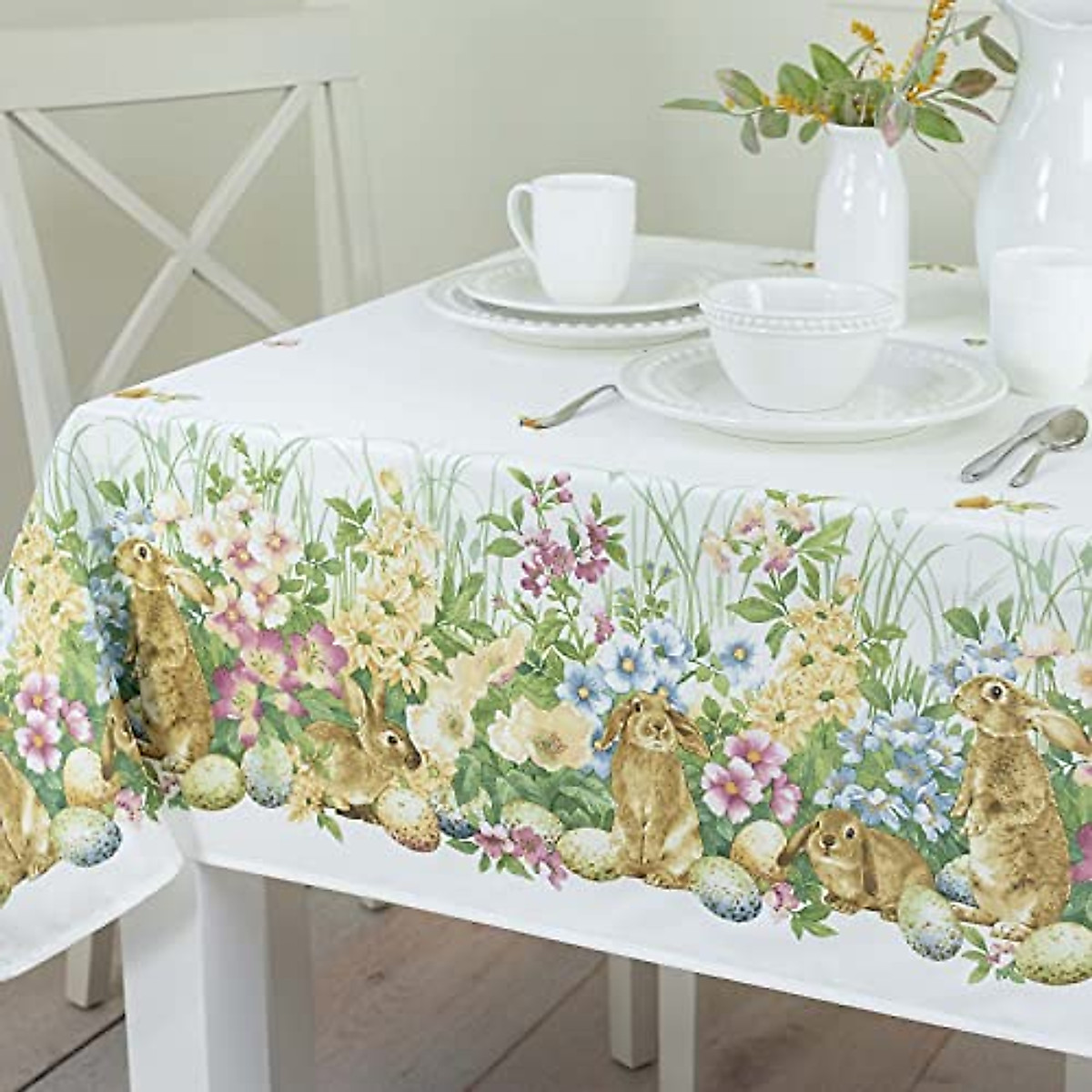 Benson Mills Blooming Bunnies Fabric Easter Tablecloth, Spillproof Indoor/Outdoor Spring and Easter Table Cloth (Blooming Bunnies, 60" X 120" Rectangular)