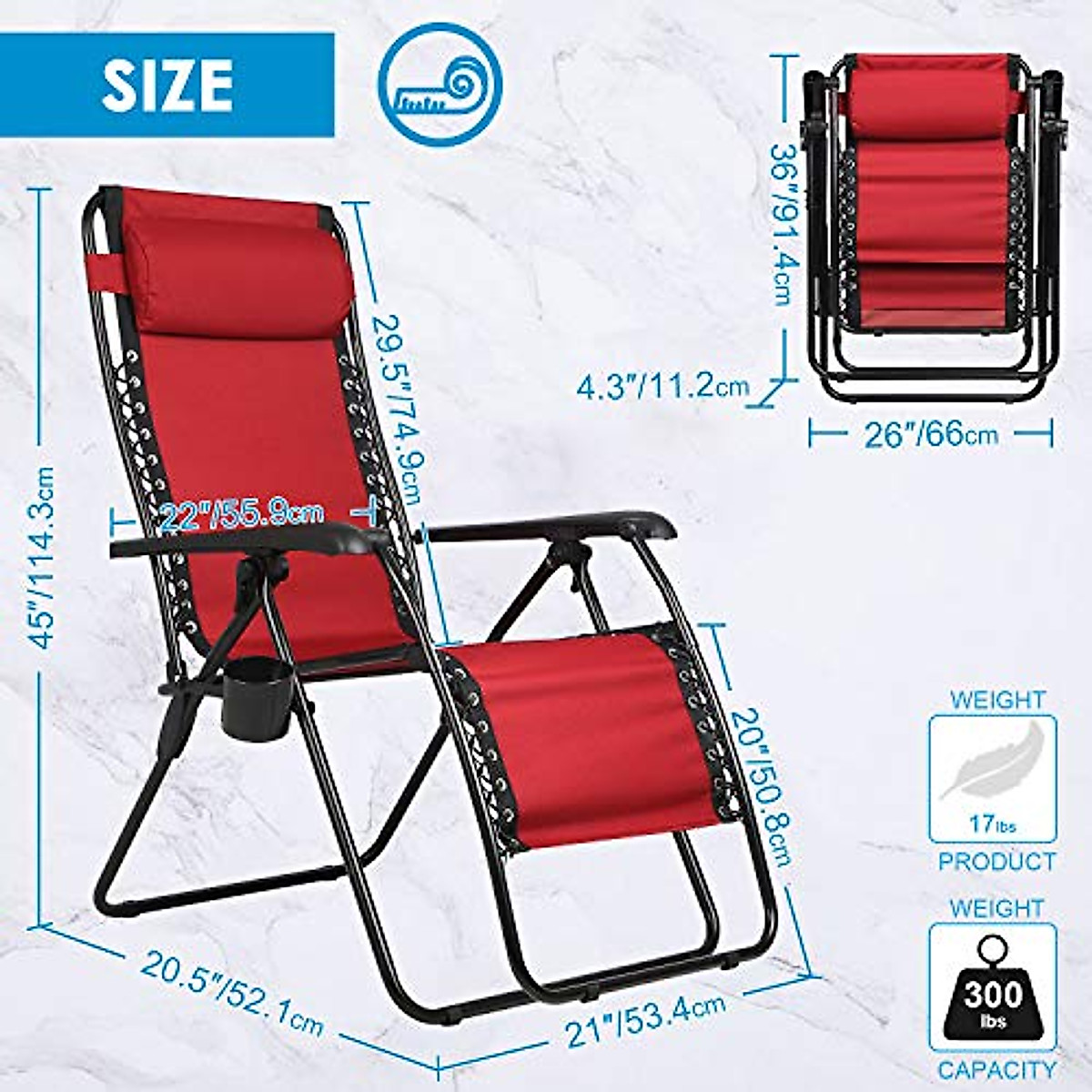 PORTAL Oversized Mesh Back Zero Gravity Reclining Patio Chairs, XL Padded Seat Folding Patio Lounge Chair with Adjustable Pillow and Cup Holder for Poolside Backyard Lawn, Support 350lbs, Red