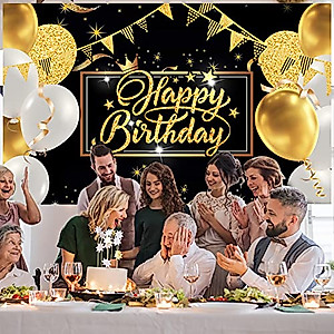 HGH Happy Birthday Backdrop Banner Black and Gold Birthday Party Decorations Sign Poster Large Fabric Glitter Balloon Fireworks Sign Birthday Photo Backdrop Backgroud,72.8 x 43.3 Inch