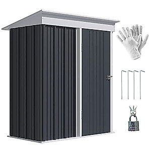 Outsunny 5' x 3' Steel Outdoor Storage Shed, Small Lean-to Shed for Garden, Tools, Tiny Metal Garage with Floor, Adjustable Shelf, Lock and Gloves for Lawn Mower, Patio, Lawn, Dark Gray