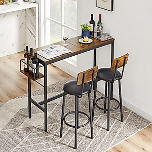 GNIXUU Bar Table and Chair Set for 2, 3-Piece Wooden Pub Dining Set with Folding Wine Rack, Industrial Kitchen Counter Height Table with 2 PU Stools for Breakfast Nook Bistro Small Space(Brown)