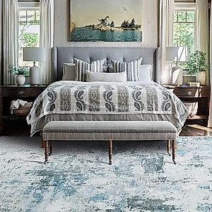 HOMBYS 10x14 ft Modern Abstract Area Rug for Living Room Bedroom, Large Floor Carpet with Non-Slip Backing for Indoor Office Dining Room, Boho Home Deco, Blue, Machine Washable