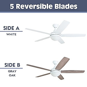 Prominence Home 80094-01 Ashby Ceiling Fan with Remote Control and Dimmable Integrated LED Light Frosted Fixture, 52" Contemporary Indoor, 5 Blades White/Grey Oak, Farmhouse White