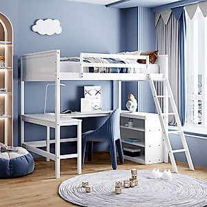 GINGVAT Full Size Loft Bed with Desk and Shelves, Wooden Bedframe and Safety Guardrails, Bedroom Furniture for Children/Teens, White