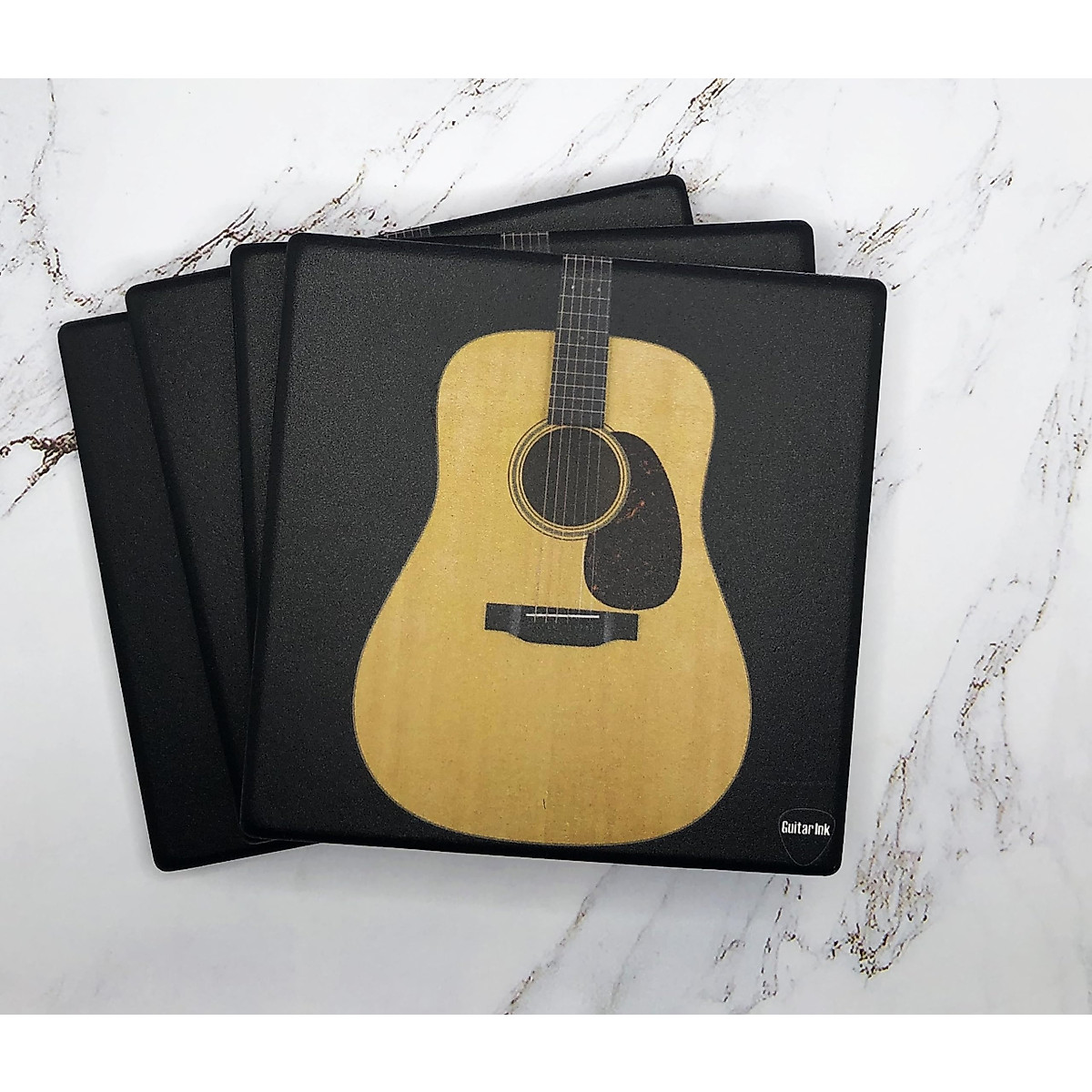 Guitar Ink – Dreadnought Acoustic Guitar Ceramic Drink Coaster Set 4 Pack - Square 4 1/4" Ceramic with Cork Bottom Gift