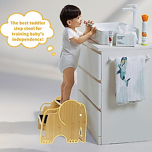 Bamboo Toddler Step Stool, 2 Step Stools for Kids with Anti-Slip Surface and Handles, Elephant Shaped Kids Step Stool for Bedroom, Bathroom, Kitchen Step Stools for Childs