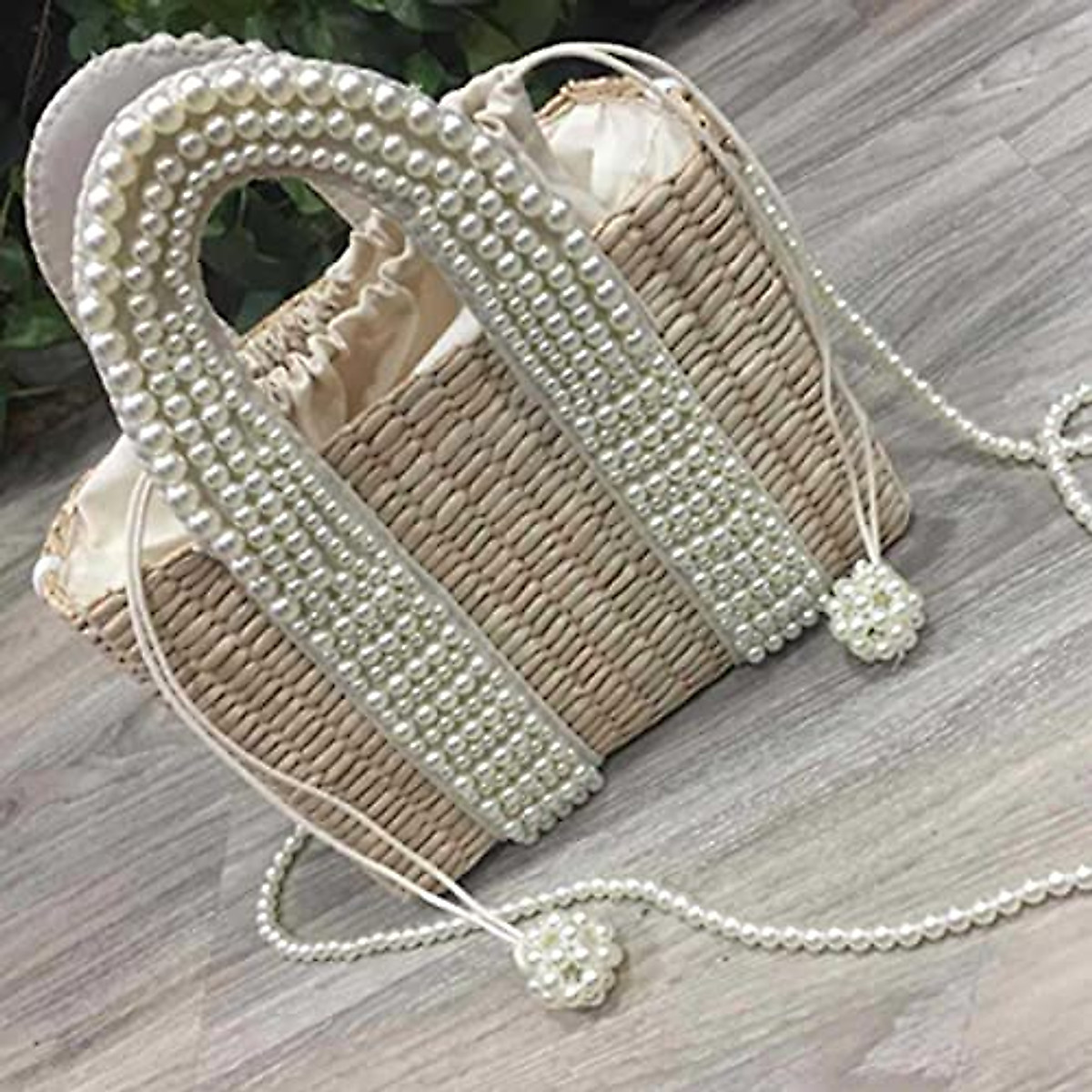 OWLEEN New Women's Bag with Pearl Ladies Tote Handbags Handmade Straw Basket Messenger Bag for Vacation Life, Creamy-white