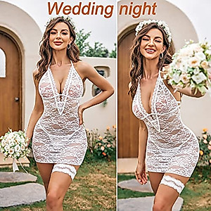 Avidlove Lingerie for Women Sexy Deep V Halter Lace Babydoll Mesh Chemises White