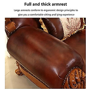 DEKIST European-Style Luxury Sofa, Solid Wood Sofa for One Person, American-Style Luxury Leather and Solid Wood Furniture, Suitable for Villa Living Room with Pillows