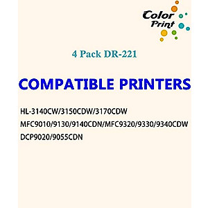 4-Pack ColorPrint Compatible DR221CL Drum Unit Set Replacement for Brother DR-221CL DR-221 DR221 Work with TN221 TN225 HL-3140CW HL-3170CDW HL-3180CDW MFC-9130CW MFC-9330CDW MFC-9340CDW Printer