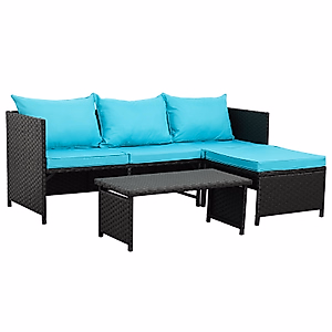 Valita 3-Piece Outdoor PE Rattan Furniture Set Patio Black Wicker Conversation Loveseat Sofa Sectional Couch Turquoise Cushion
