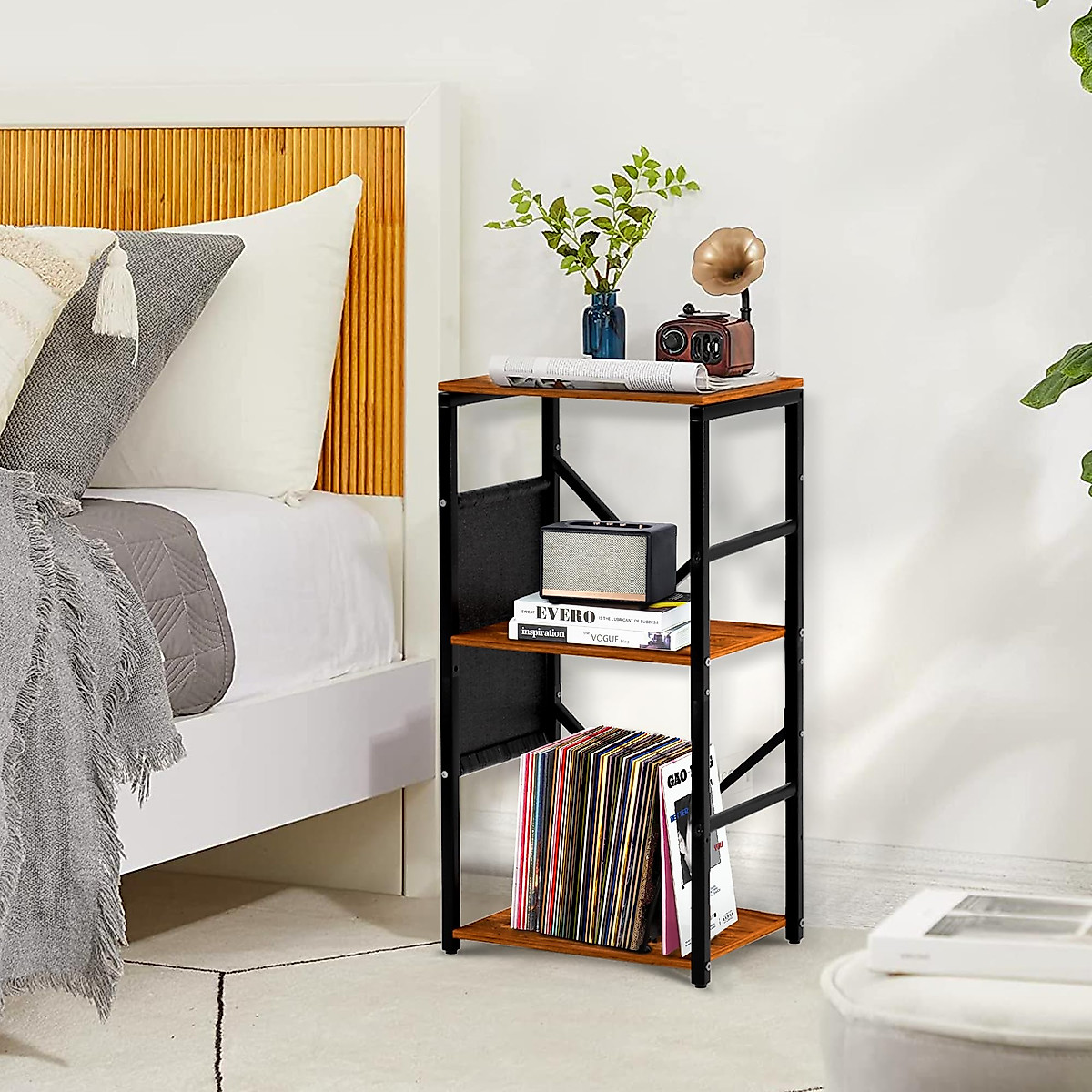 Small Side Table Narrow End Table, Nightstand Tall Side Tables for Small Spaces, 3 Tier Storage Shelves Couch End Tables for Living Room, Bedroom Office Bathroom, Easy Assembly Rustic Brown and Black