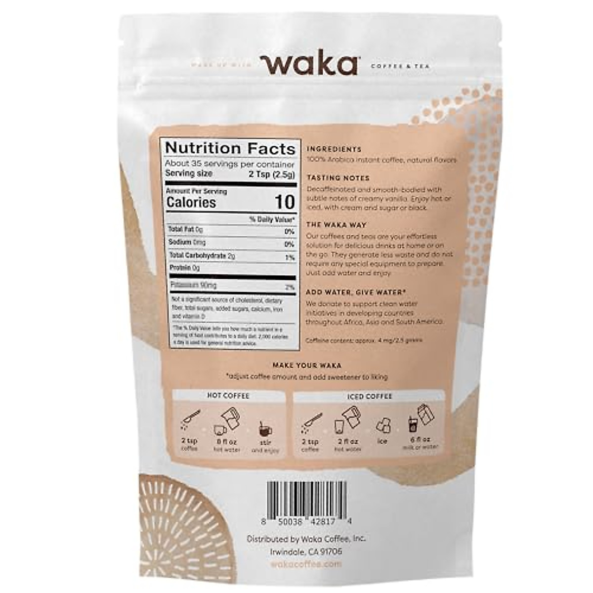 Waka Instant Coffee, Decaffeinated Vanilla Flavored - 100% Arabica Beans, Freeze Dried Granules, No Sugar or Additives - Bulk Bag for Quick Hot and Iced Coffees, Up to 35 Cups (3.5oz)