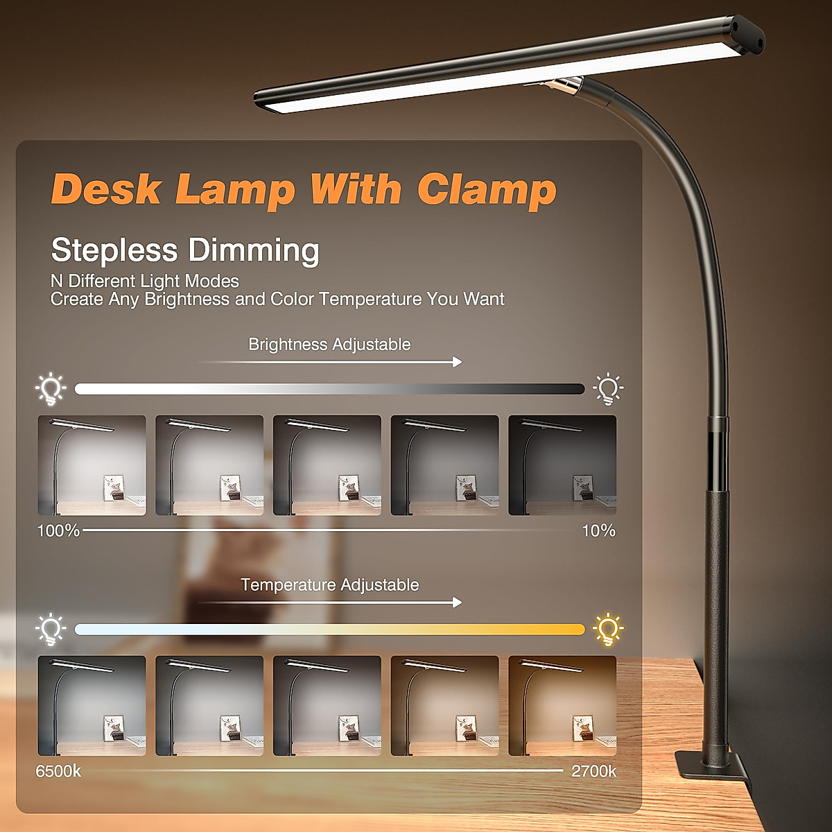 Airlonv LED Desk Lamp for Office Home, Eye-Caring Desk Light with Stepless Dimming Adjustable Flexible Gooseneck, 10W USB Adapter Desk Lamp with Clamp for Reading, Study, Workbench (Black)
