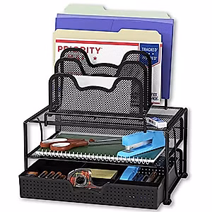 SimpleHouseware Mesh Desk Organizer with Sliding Drawer, Double Tray and 5 Stacking Sorter Sections, Black