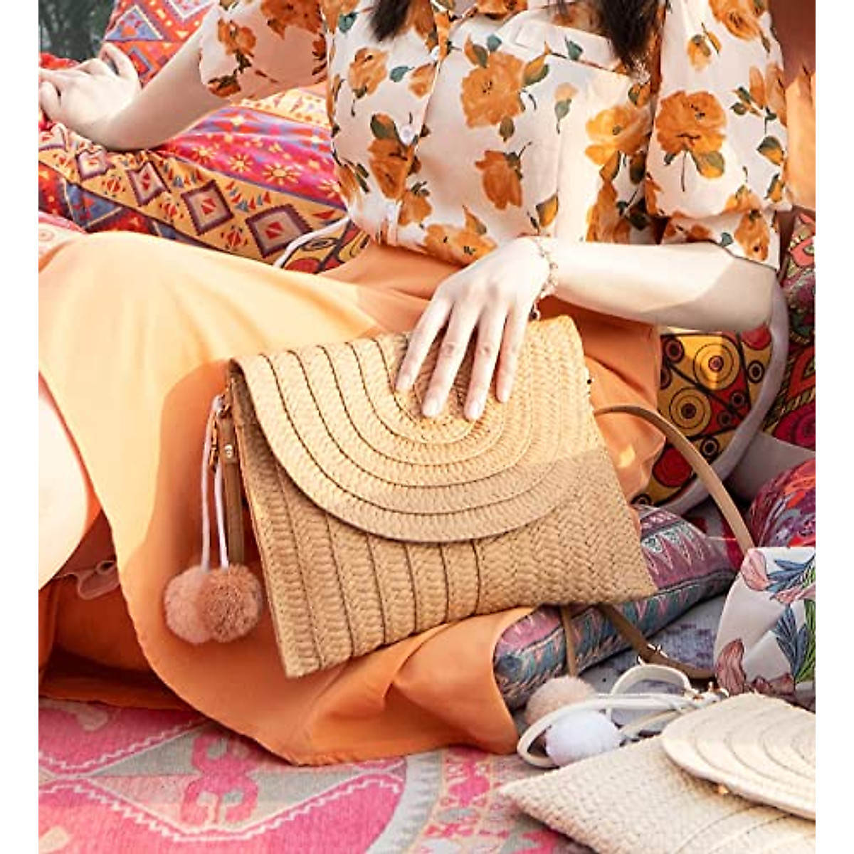 Straw Crossbody Bag For Women Shoulder Beach Vacation Purse And Woven Raffia Handbags Straw Clutch Bags Boho Beige bag