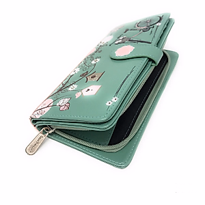 Shag Wear Vintage Postcard Floral Bicycle Large Wallet for Women and Teen Girls Vegan Faux Leather Teal 7"