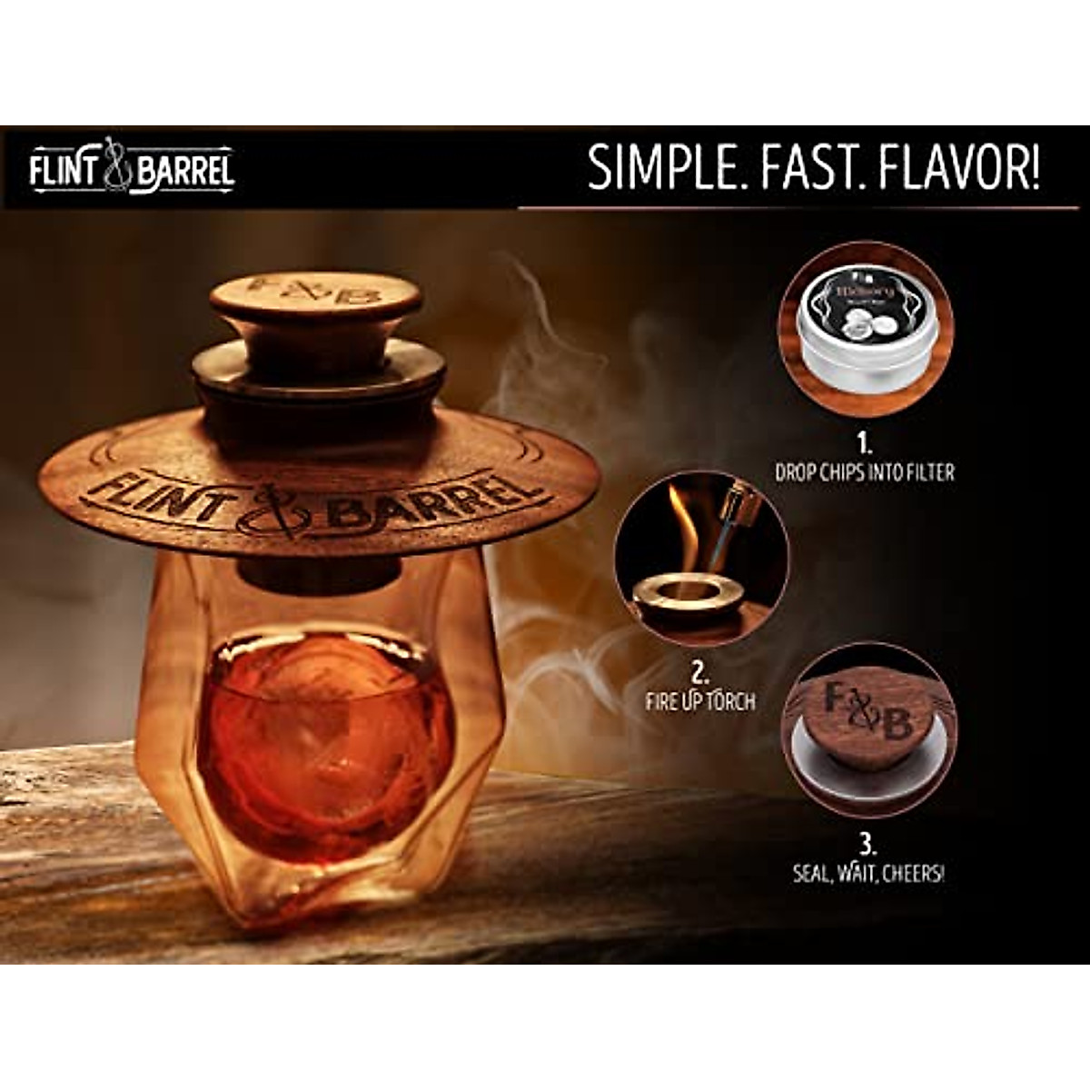 Flint & Barrel Cocktail Smoker Kit with Torch and Wood Chips, 4 Flavors - Old Fashioned Smoker Kit, Bourbon & Whiskey Drink Smoker Infuser Kit - Whiskey Gifts for Men, Dad, Husband (No Butane)
