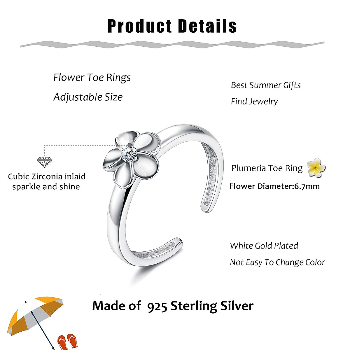 Sllaiss 925 Sterting Silver Open Toe Ring for Women Flower Adjustable Toe Ring Hypoallergenic CZ Rings Simple Open Thin Band Ring Tail Ring Foot Jewelry