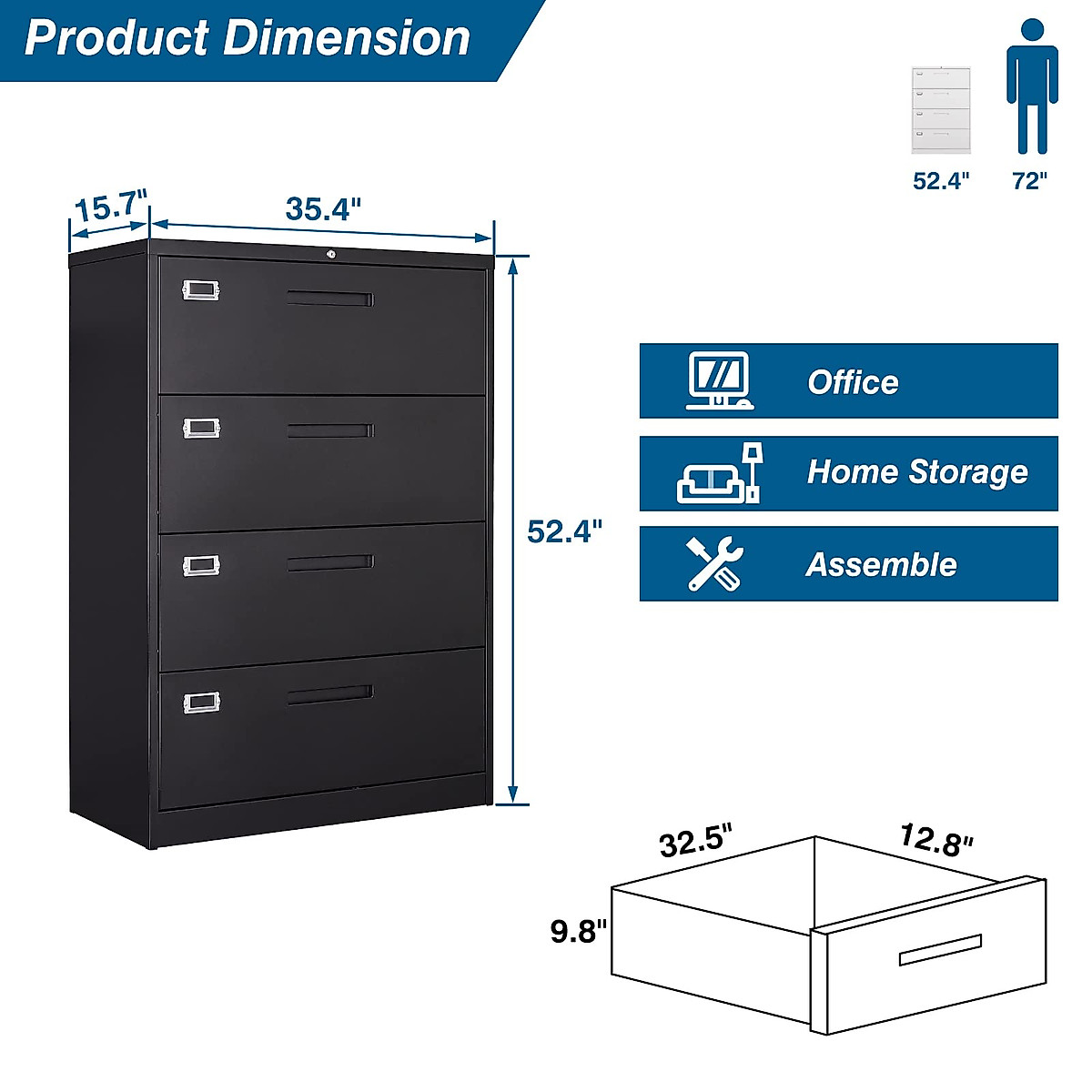 PEUKC 4 Drawer File Cabinet, Lateral Filing Cabinets for Home Office, Office Storage Drawers with Lock, Hanging Files Legal/Letter A4 Size (Assemble Required,Black)