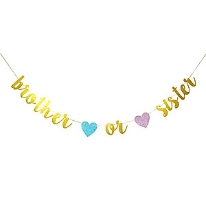 Swdthnh Gender Reveal Party Decorations - Glitter Letters Brother or Sister with Hearts Banner for Baby Shower Party Decorations, Gold