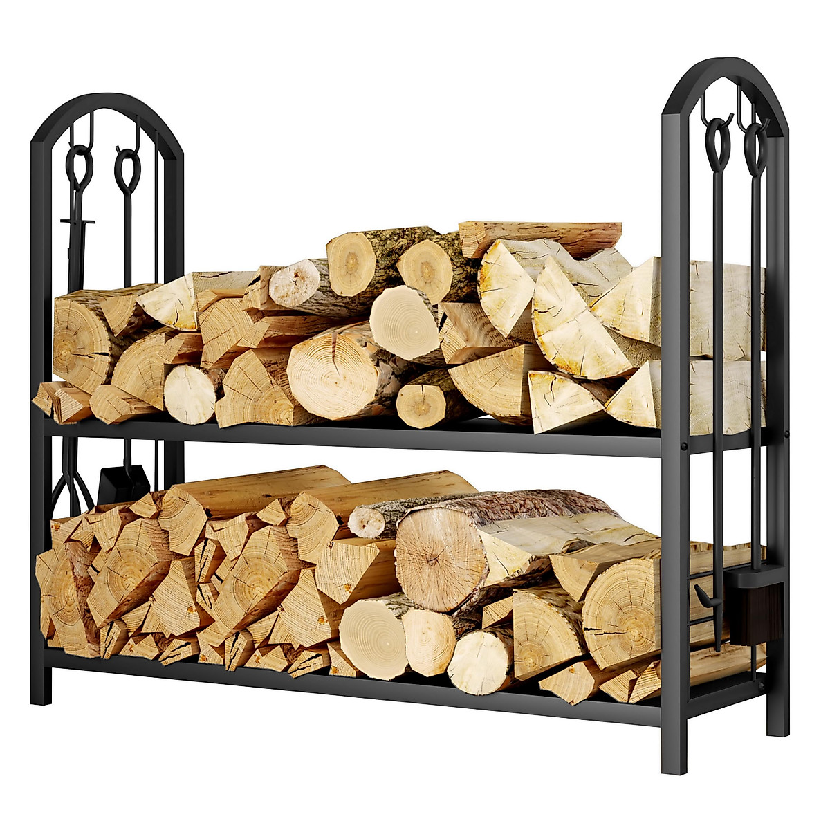 Fire Beauty Fireplace Firewood Log Rack 5-Piece Storage Logs Holder with Tools Set with 4 Tools Set Fireside Holders Wood Lumber Storage Stacking Black