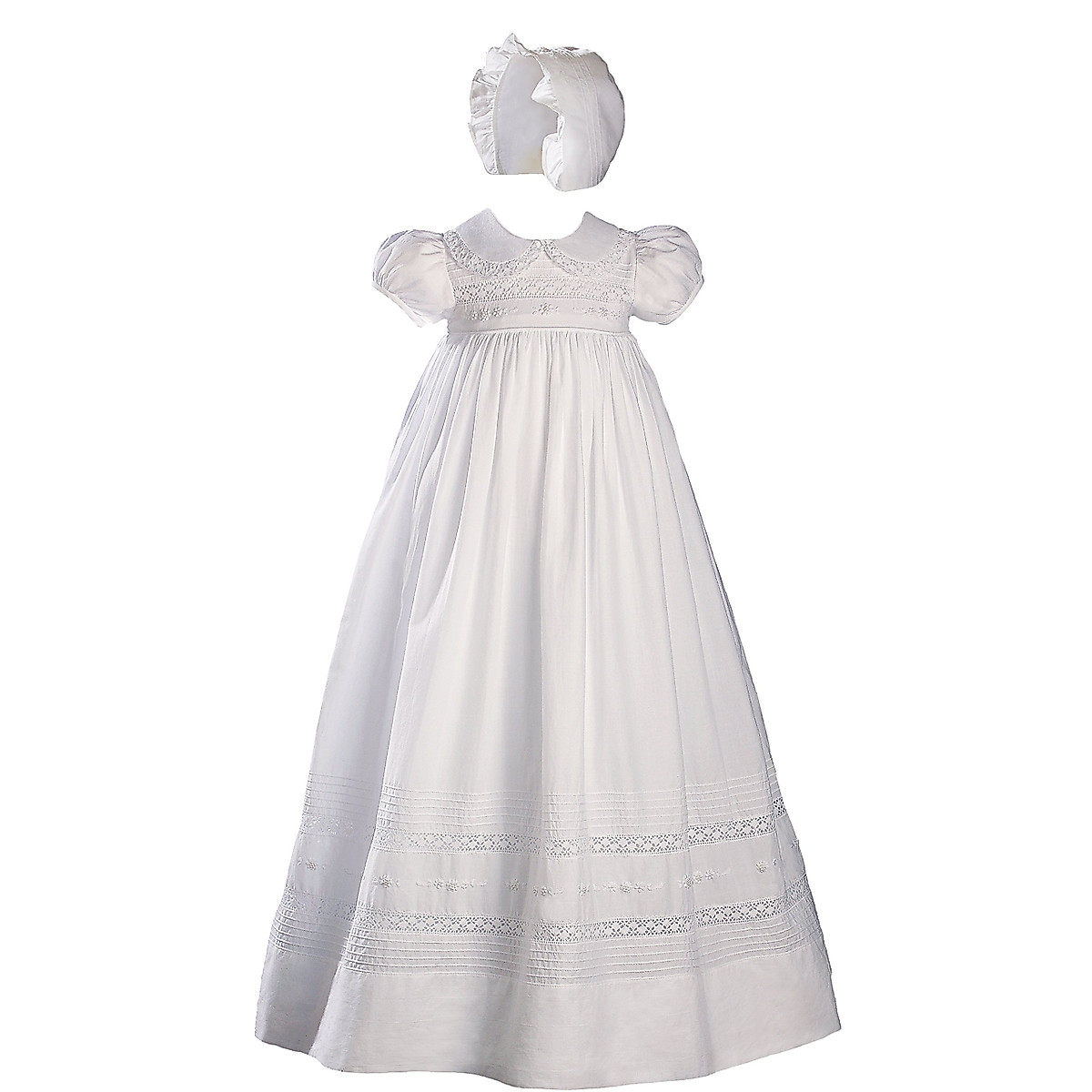 33" White Cotton Short Sleeve Christening Gown Baptism Gown with Hand Embroidery 3M