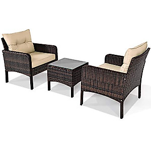HAPPYGRILL 3-Pieces Patio Furniture Set Outdoor Rattan Wicker Coffee Table & Chairs Set with Seat Cushions Patio Conversation Set for Garden Balcony Backyard Poolside