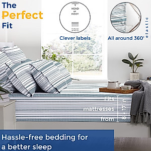 THREAD SPREAD 100% Cotton Printed Bed Sheets - 600 TC 4 Pc Blue & Grey Dotted Full Striped Sheet Set - Hotel Luxury Sateen Bedsheets - Deep Pockets - Breathable & Cooling Sheets for Full Size Bed