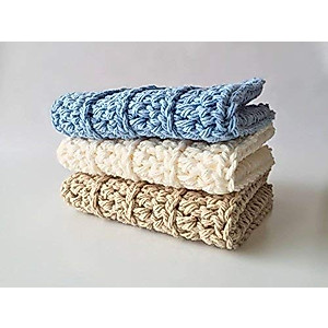 Handmade Crochet Washcloths set of 3, 100% cotton, Dish cloths, Dish Towels, Baby wipes, Baby washcloths, Spa Cloths, Blue Cotton Washcloths, linen